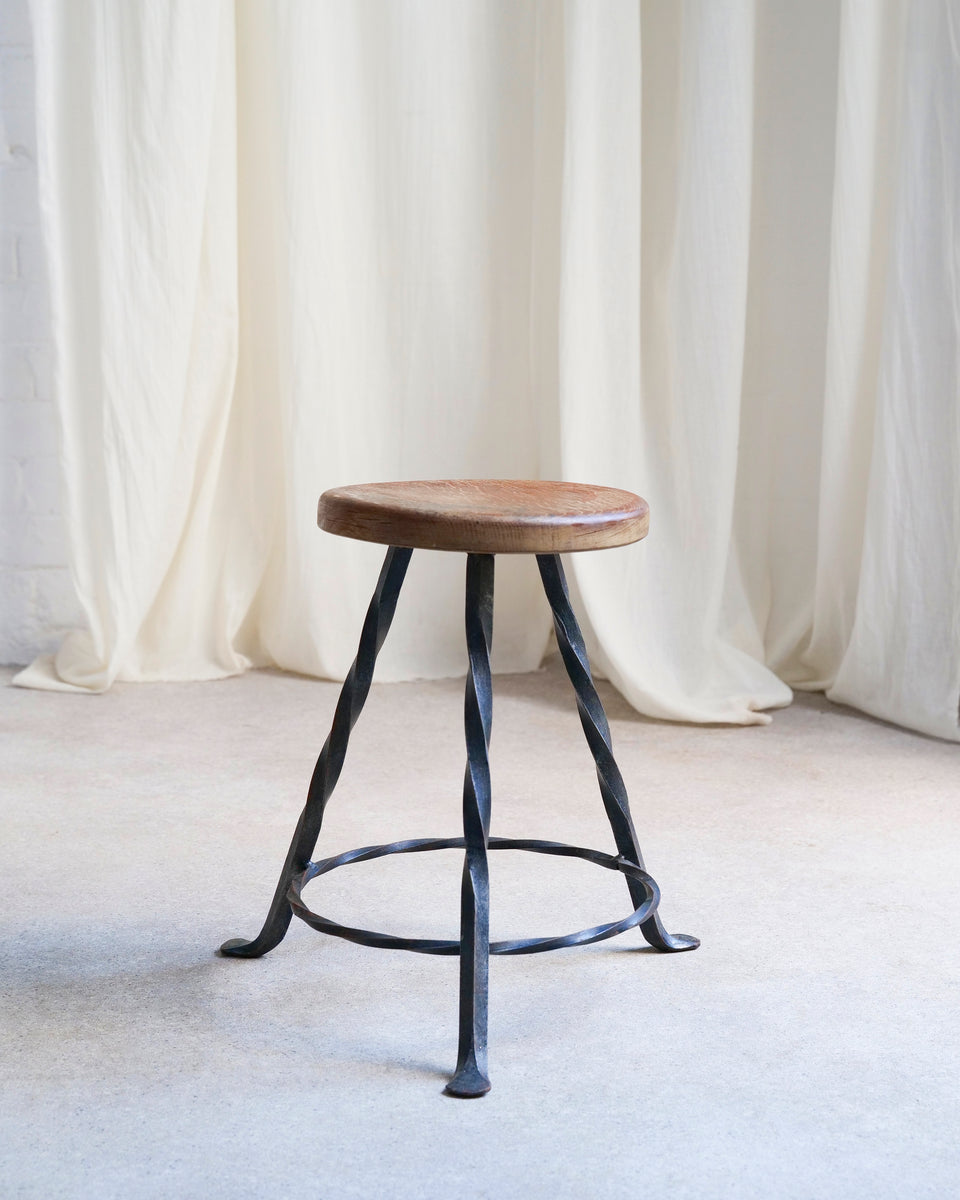 Oak and Wrought Iron Stool – Vantage Living